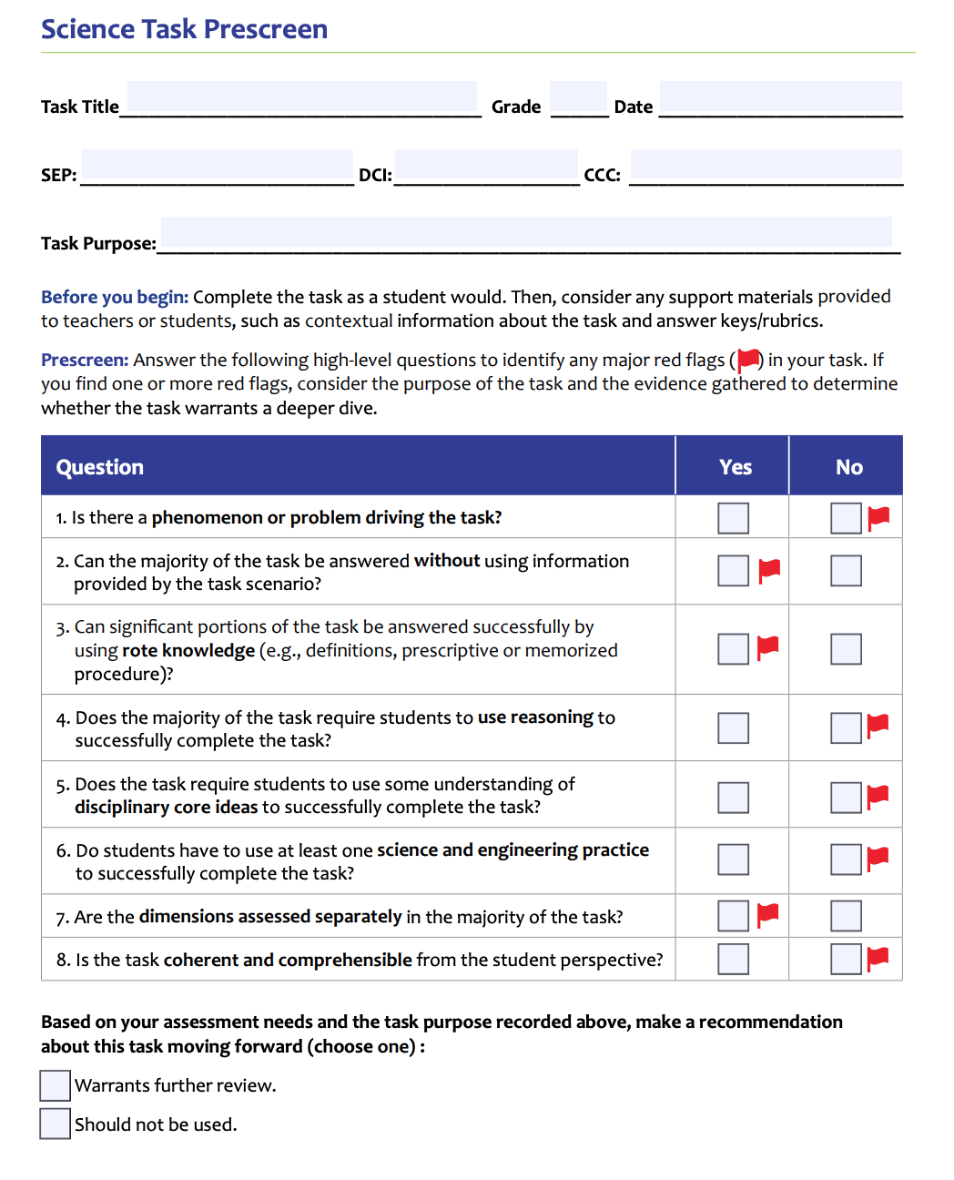 NGSS Science Assessment Task Screeners – Science for All